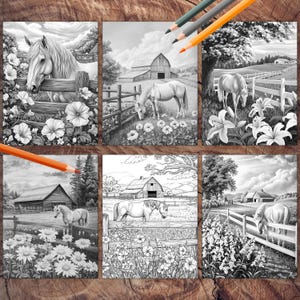 50 Country Farm Scenes Coloring Pages | Floral Horses Coloring Book ...