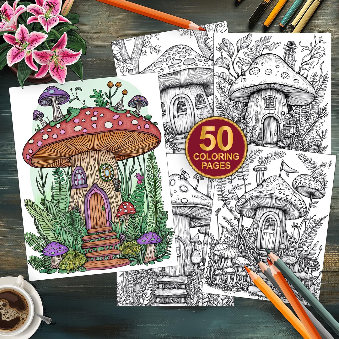 50 Enchanted Mushroom Houses Coloring Pages - Whimsical Art for Adults ...