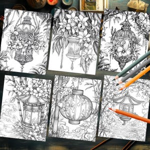 50 Floral Lanterns Coloring Book | Blooming Lantern Coloring Pages ...