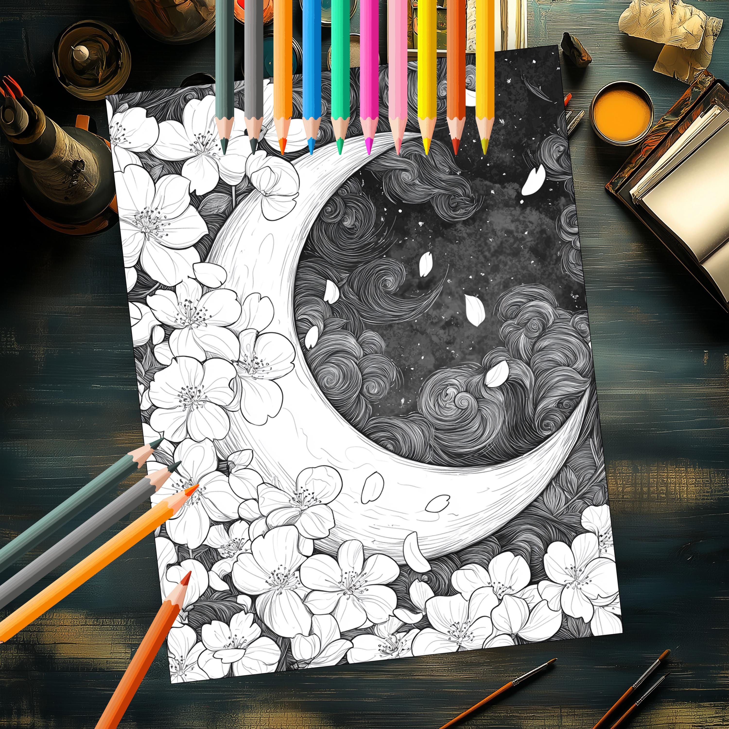 50 Floral Moon Coloring Pages | Digital Download for Adults and Kids ...