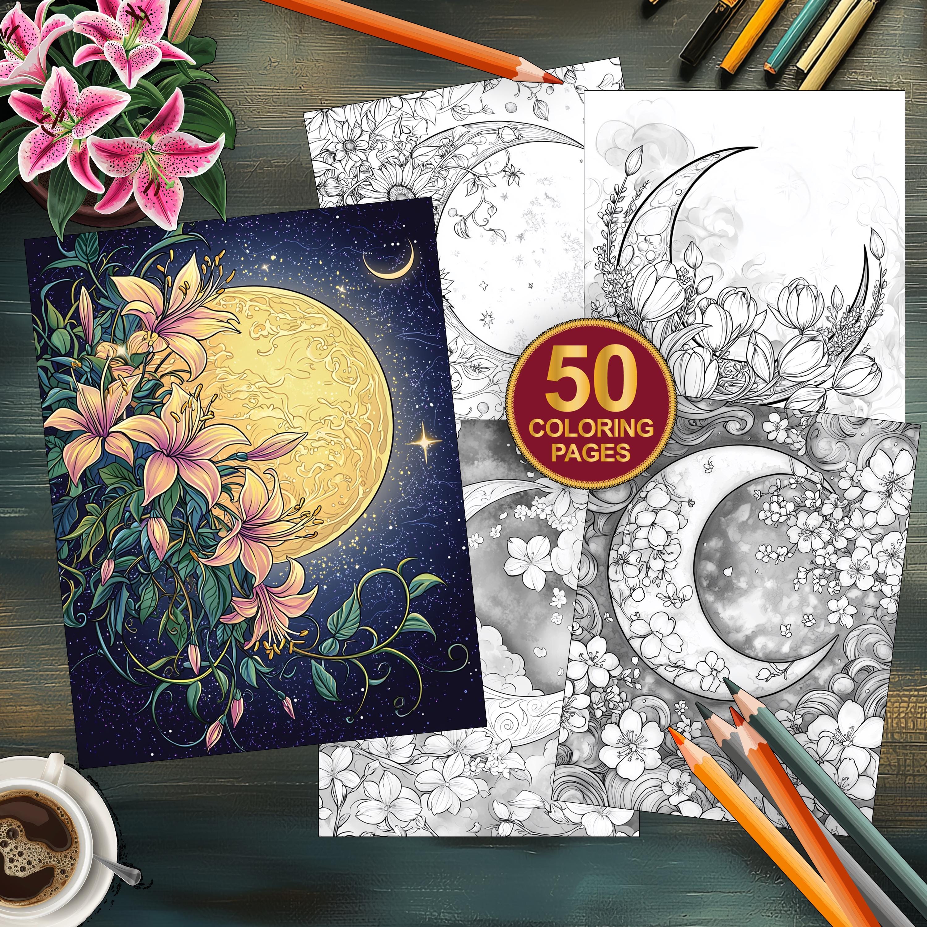 50 Floral Moon Coloring Pages | Digital Download for Adults and Kids ...