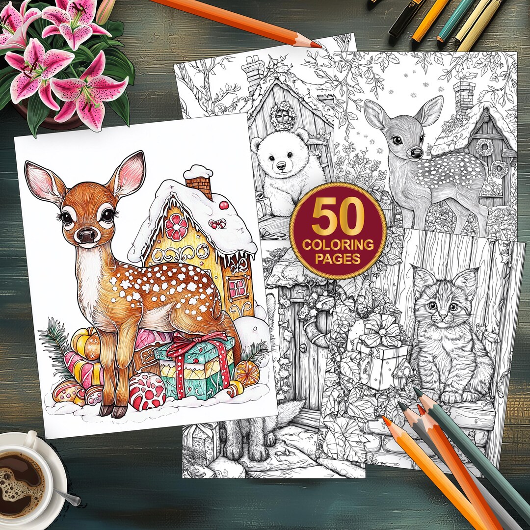 50 Woodland Christmas Animals Coloring Pages | Adults + Kids Instant ...