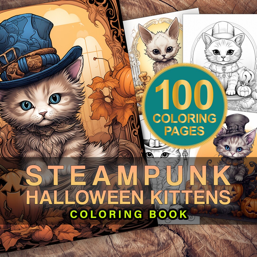 100 Steampunk Cats Coloring Book | Grayscale Coloring Page | Printable ...