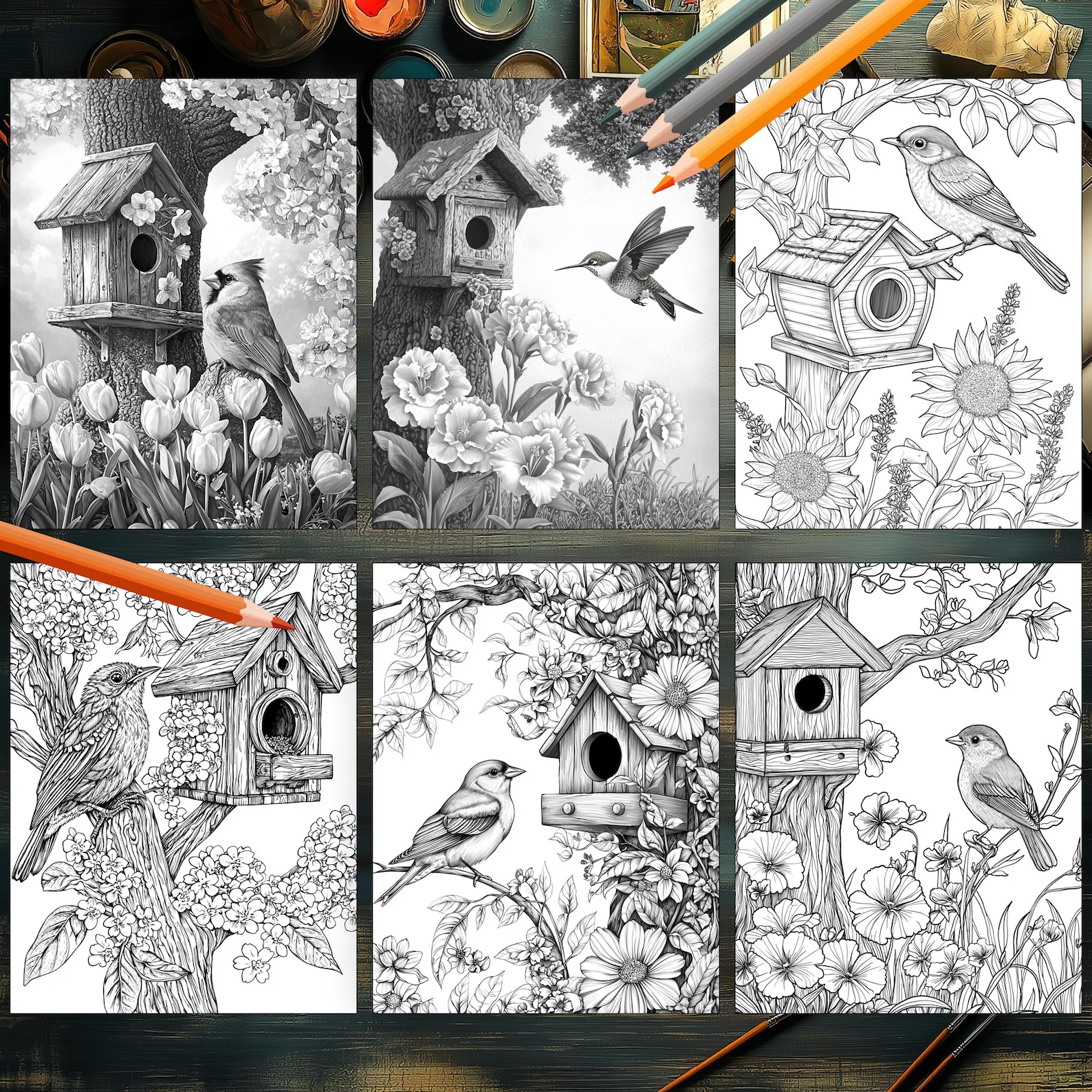 50 Bird House Coloring Pages | Cute Bird Houses | Floral Fantasy ...