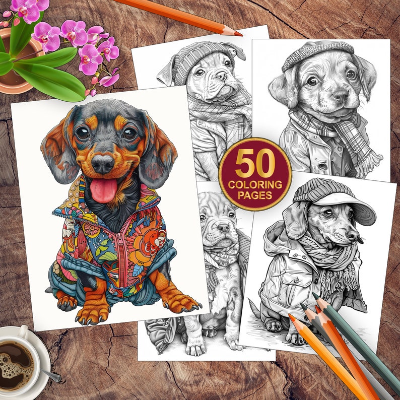 50 Dogs Wearing Clothes Grayscale Coloring Book | Adults and Kids ...