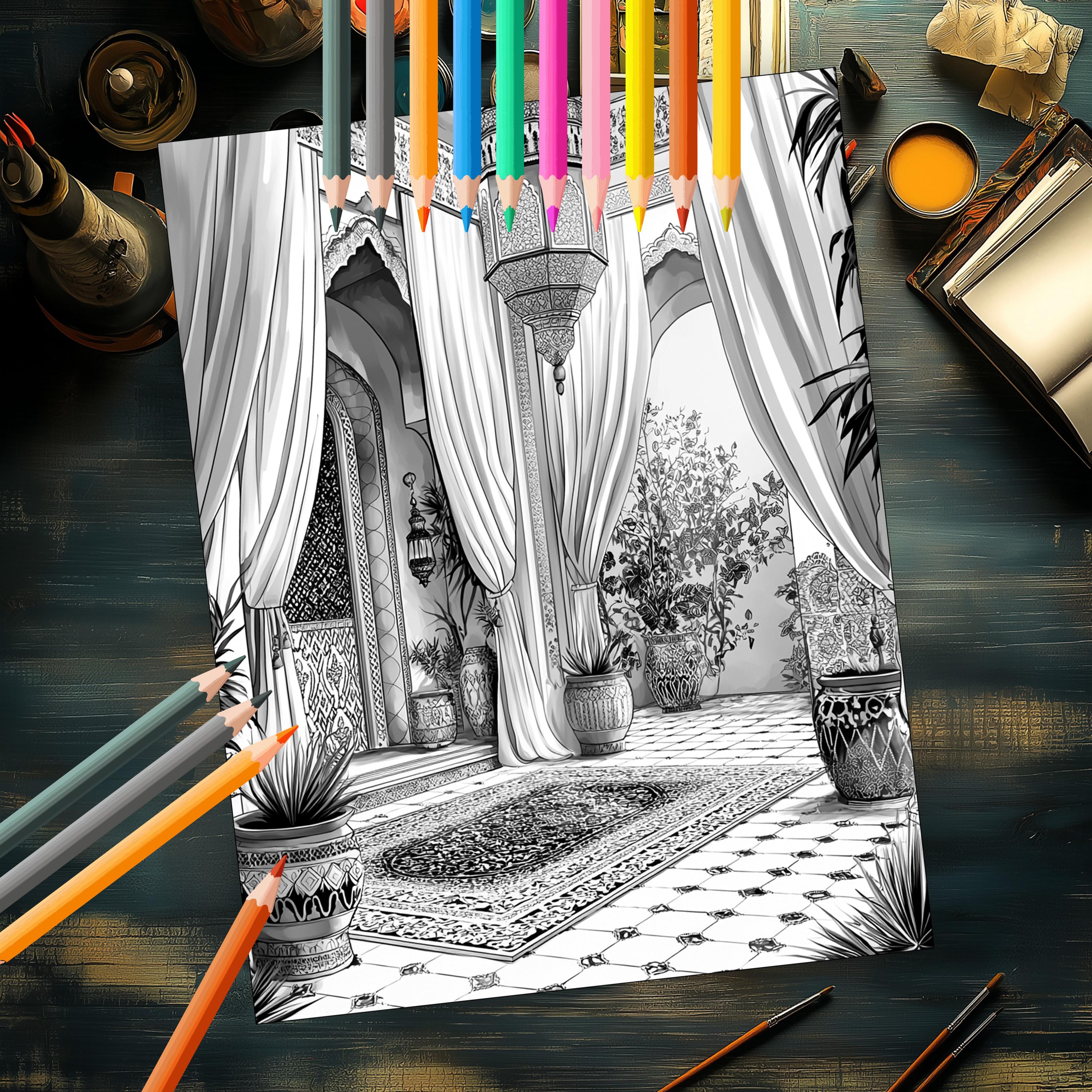 50 Fantasy Interior Coloring Pages | Grayscale Designs for Adults and ...