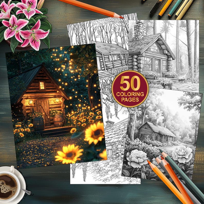 50 Cozy Rustic Cabin Coloring Pages - Printable Grayscale Art for ...