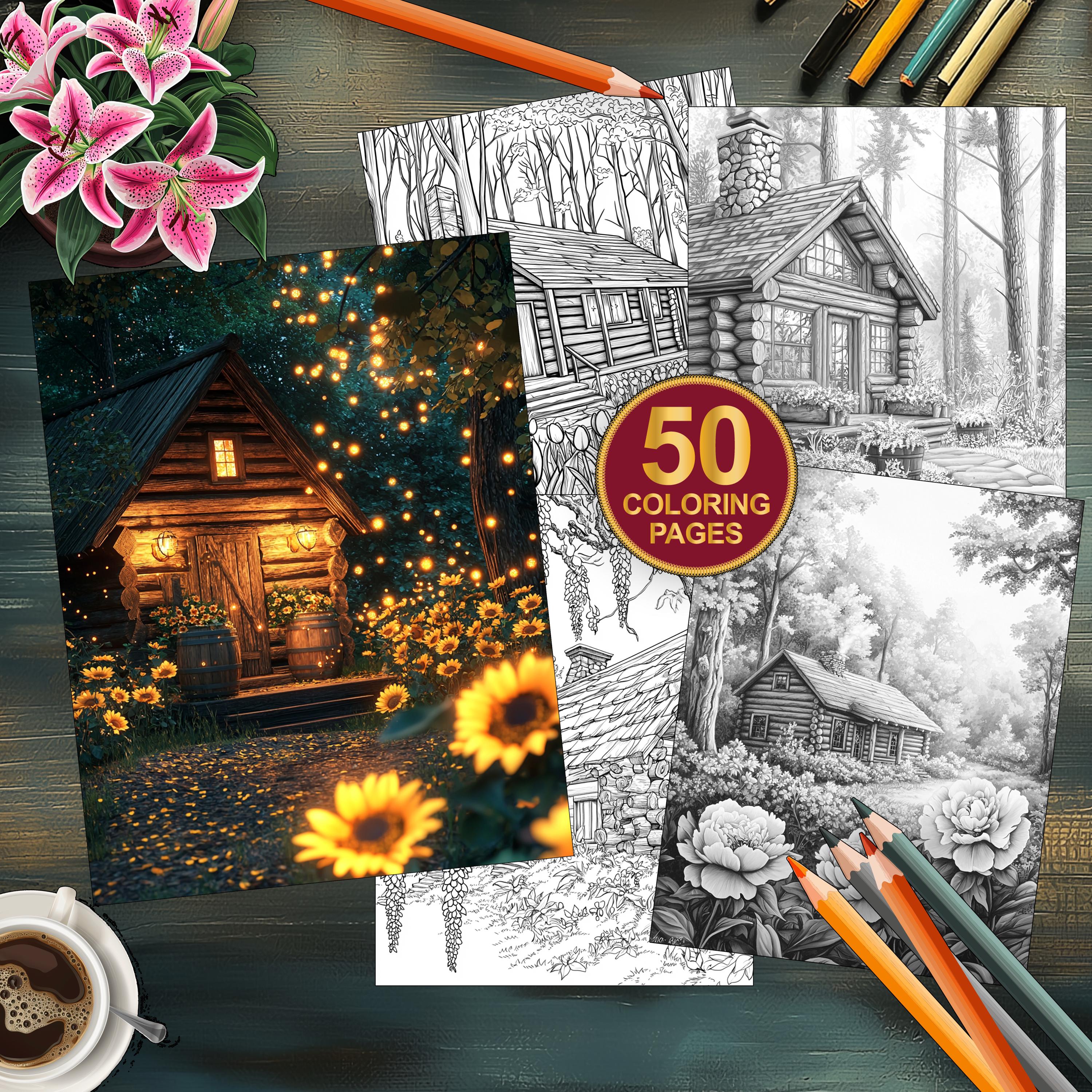 50 Cozy Rustic Cabin Coloring Pages - Printable Grayscale Art for ...
