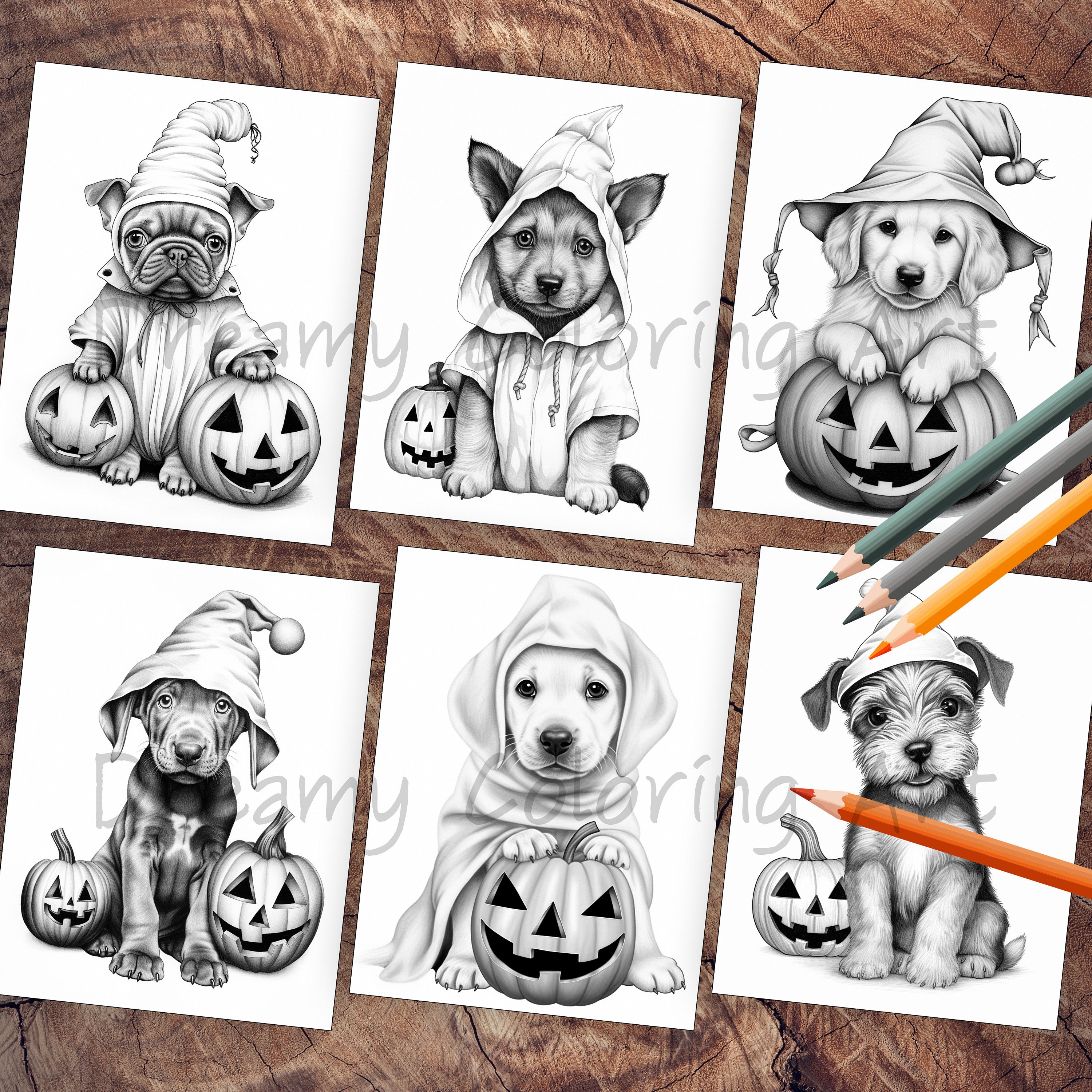 Halloween Dogs Coloring Page Book, Grayscale Coloring Book, Coloring ...