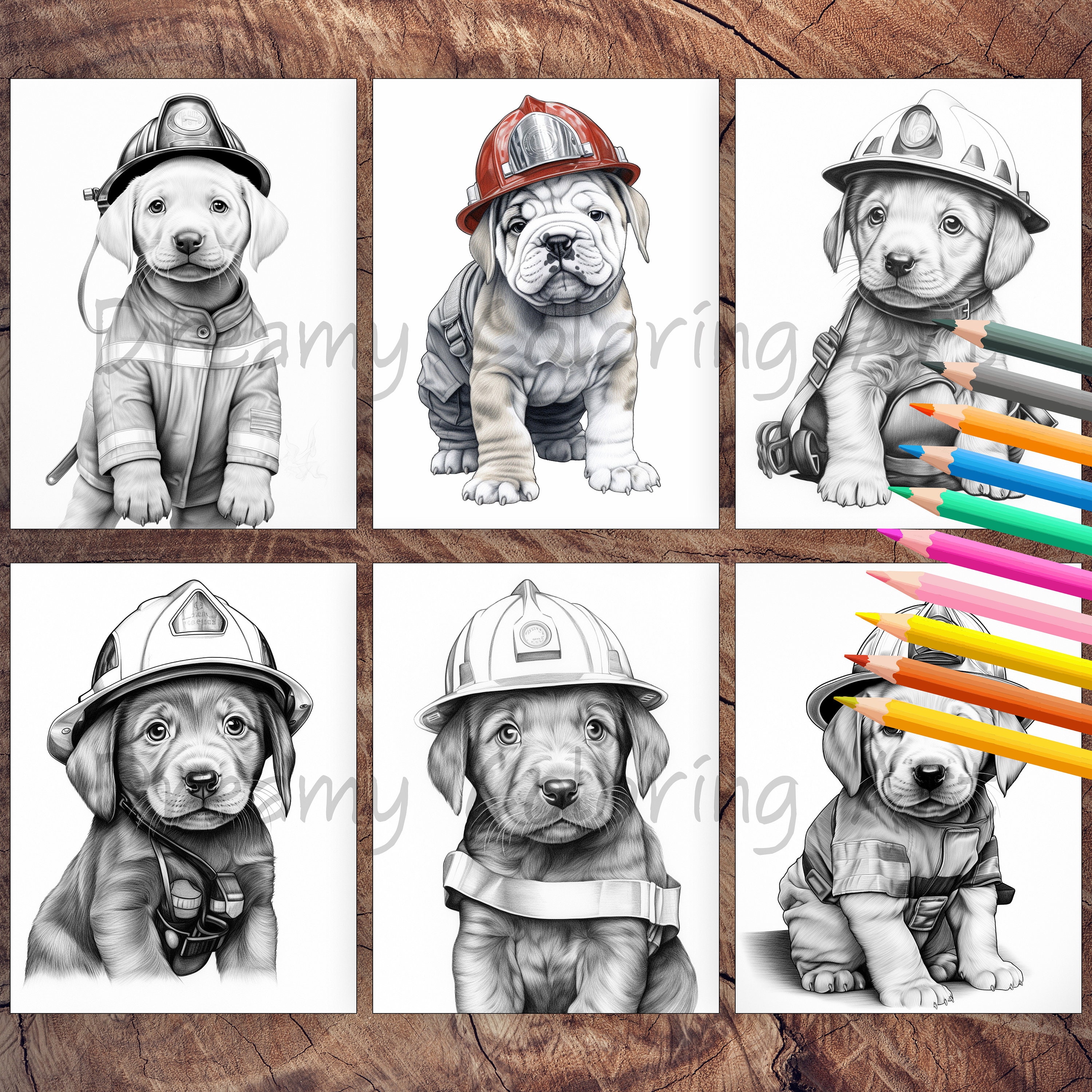 Dog Coloring Book, Firefighter Puppies, Grayscale Coloring Book ...