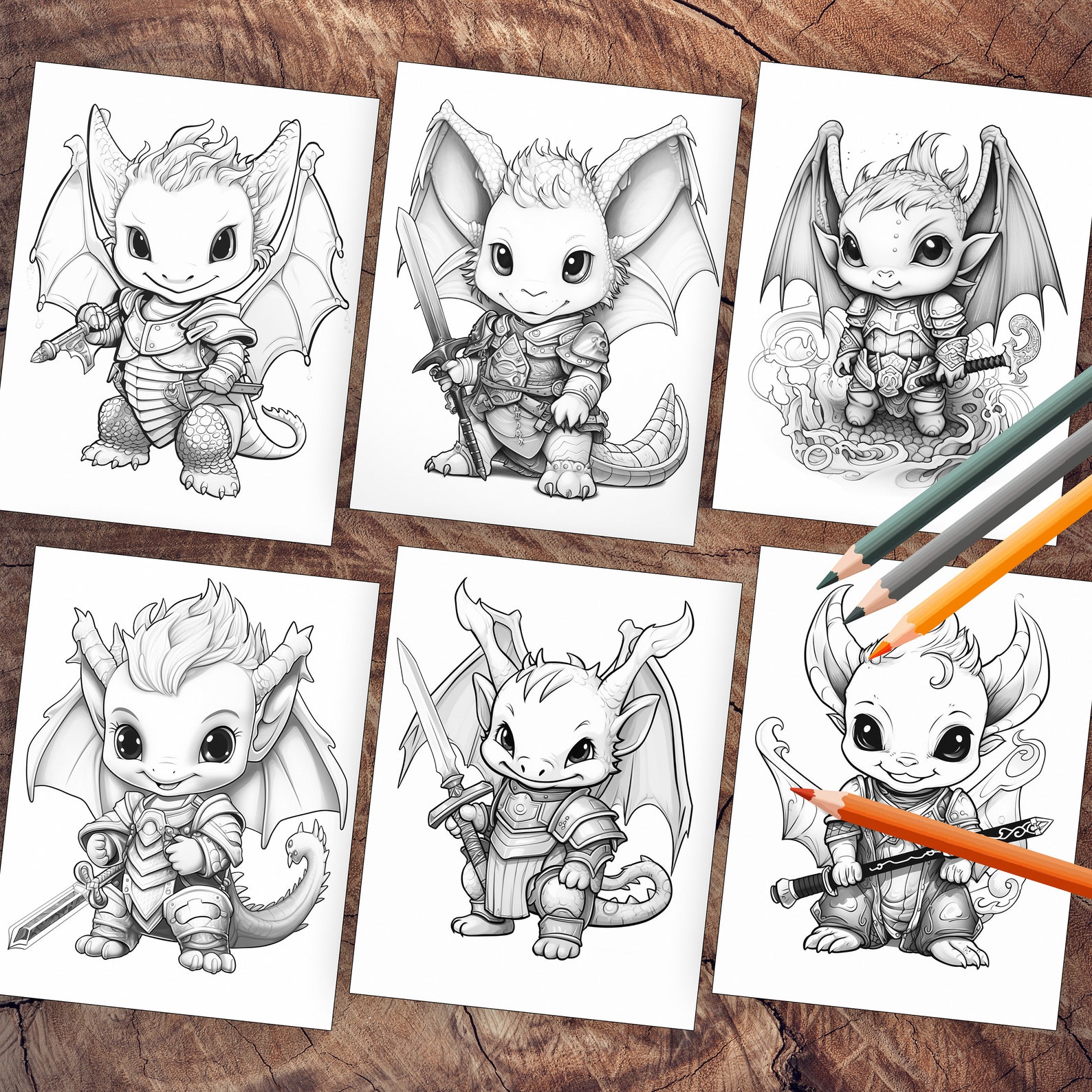 80 Baby Woodland Dragon Fantasy Coloring Page Book| Armored Heroes ...