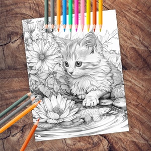 Cats Coloring Page Book, Cherry Blossoms Kittens, Grayscale Coloring ...