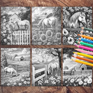 50 Country Farm Scenes Coloring Pages | Floral Horses Coloring Book ...