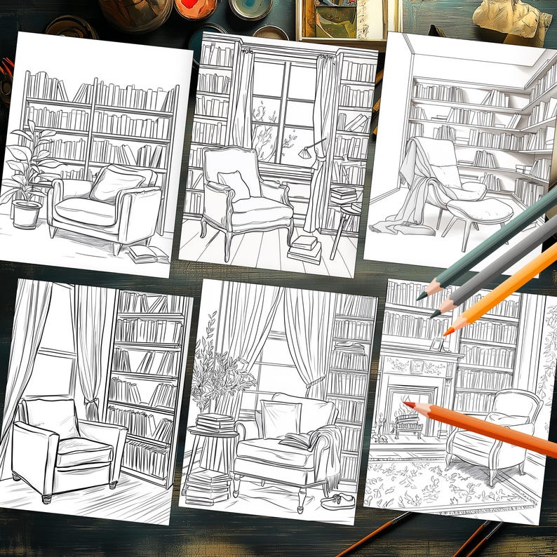 50 Cozy Libraries Coloring Pages | Printable Adult Coloring Book ...