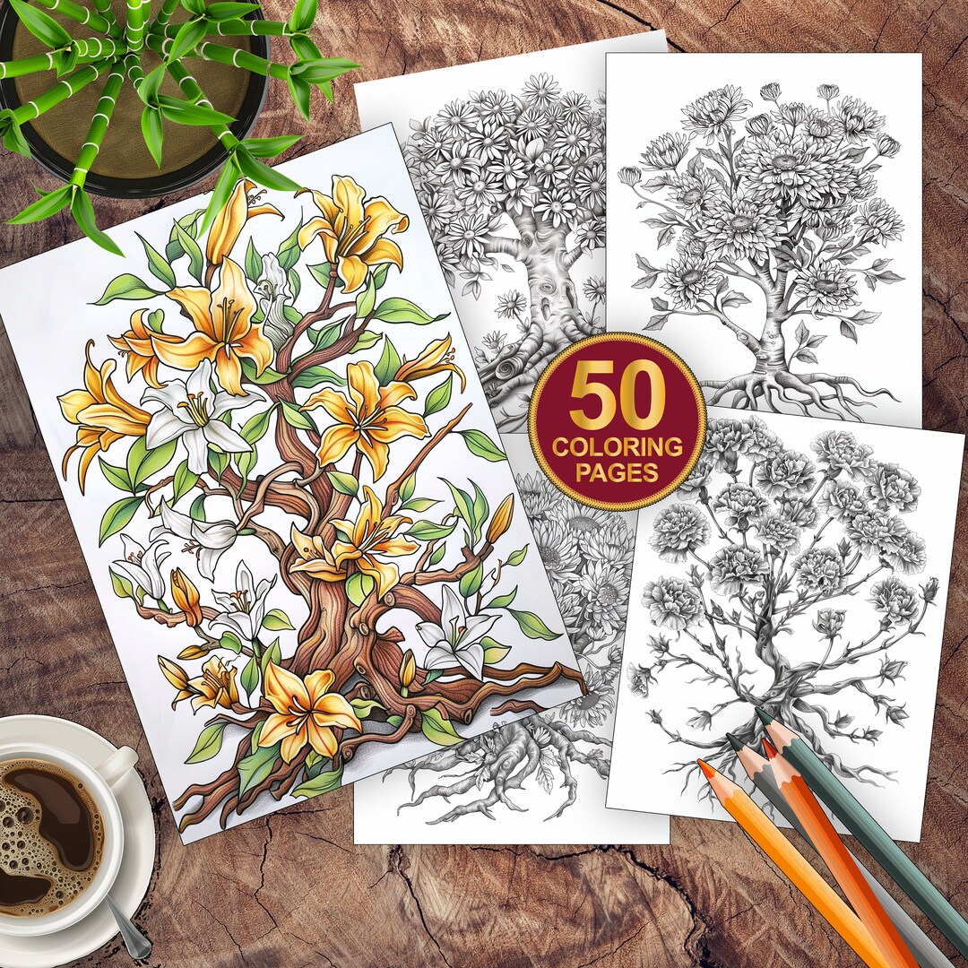 50 Fantasy Flower Trees Coloring Pages | Botanical Coloring | Flower ...