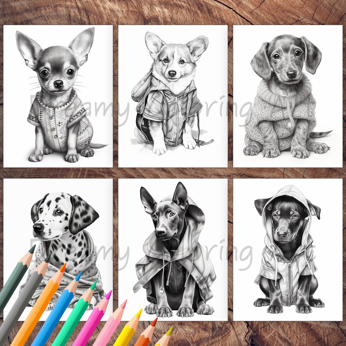 Dogs Coloring Page Book, Adults Kids, Instant Download Grayscale ...