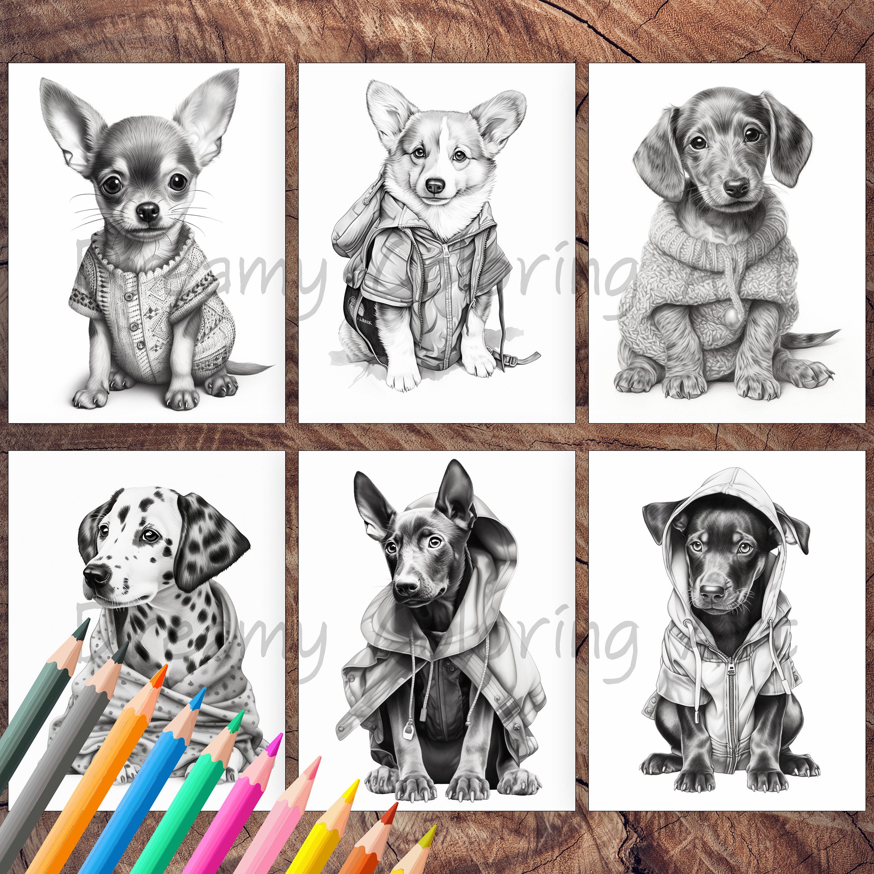 Dogs Coloring Page Book, Adults + Kids, Instant Download Grayscale ...