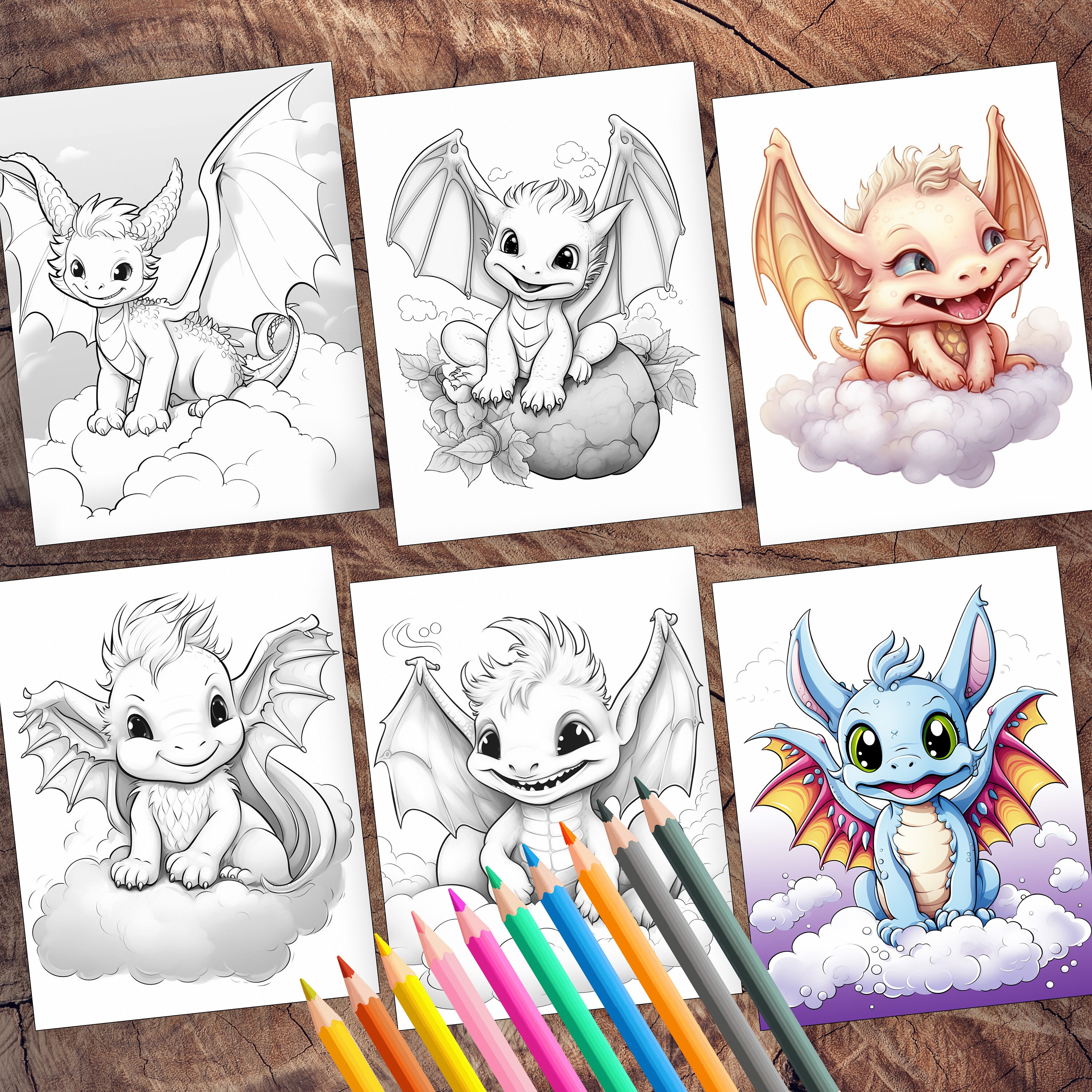 Baby Dragon Coloring Page Book, Dragons on Puffy Clouds, Fantasy ...