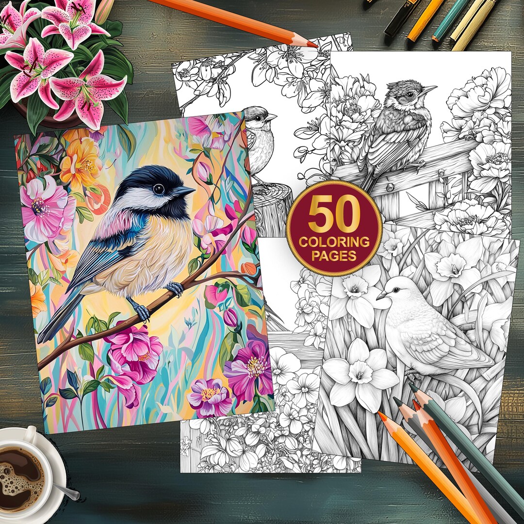 50 Garden Birds Coloring Book | Printable Grayscale Pages for Adults ...