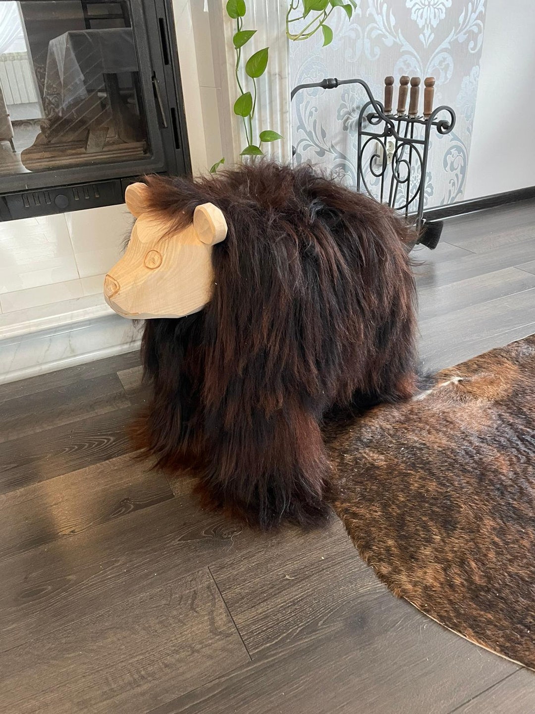 Bear Pouf Real Sheeepskin, Ottomanwooden Bear With Natural Sheepskin, Unique Home Decor, Bear ...