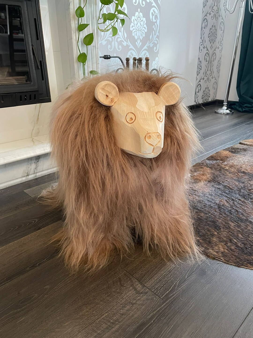 Bear Pouf Real Sheeepskin, Ottomanwooden Bear With Natural Sheepskin, Unique Home Decor, Bear ...
