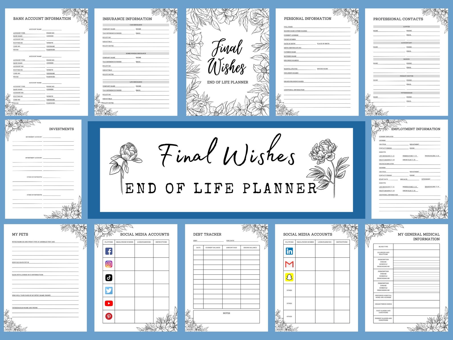 Final Wishes, End of Life Planner. Personal, Medical, Pet, Passwords ...