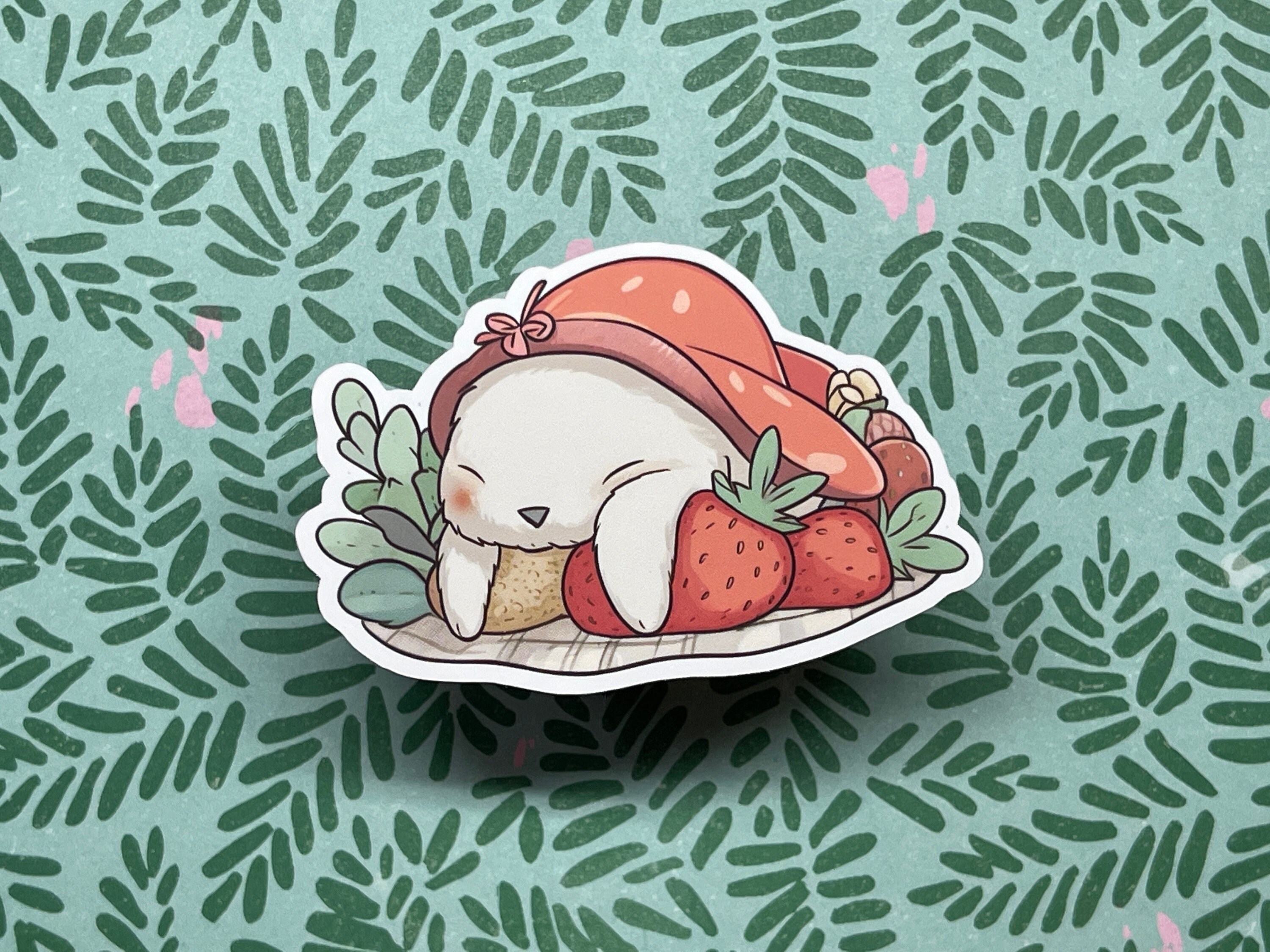 Sleepy Bunny on a Pile of Strawberries Sticker, Sticker Gift, Stickers ...