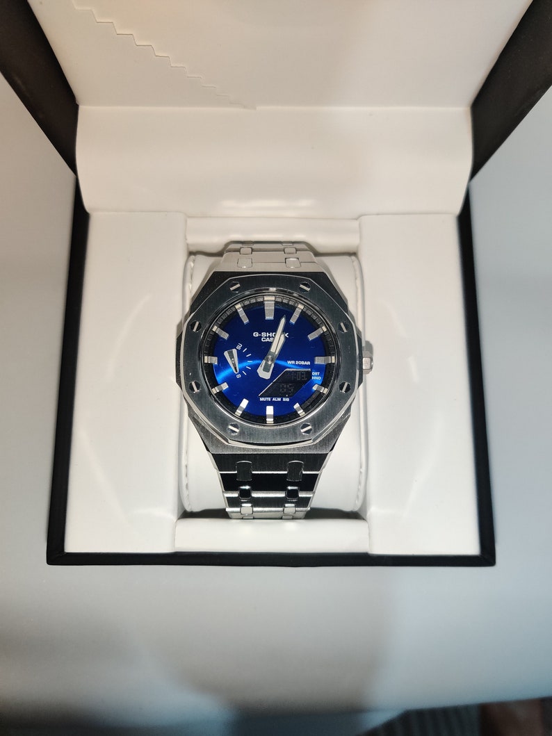 Custom Casio G-shock GA-2100 Casioak Mod, Silver/blue, Gen 5, Mens ...