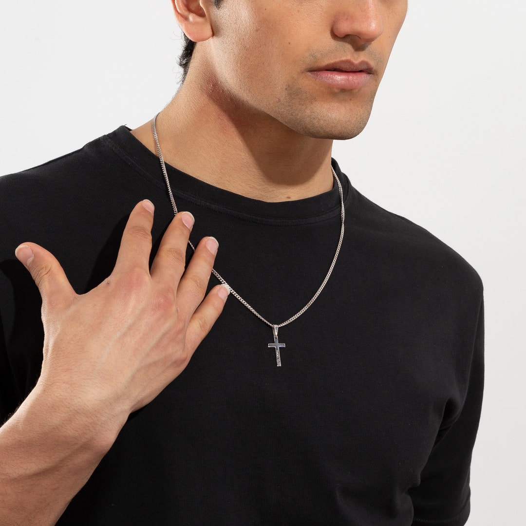 Silver Cross Necklace, Men's Cross Necklace, Personalized Necklace ...