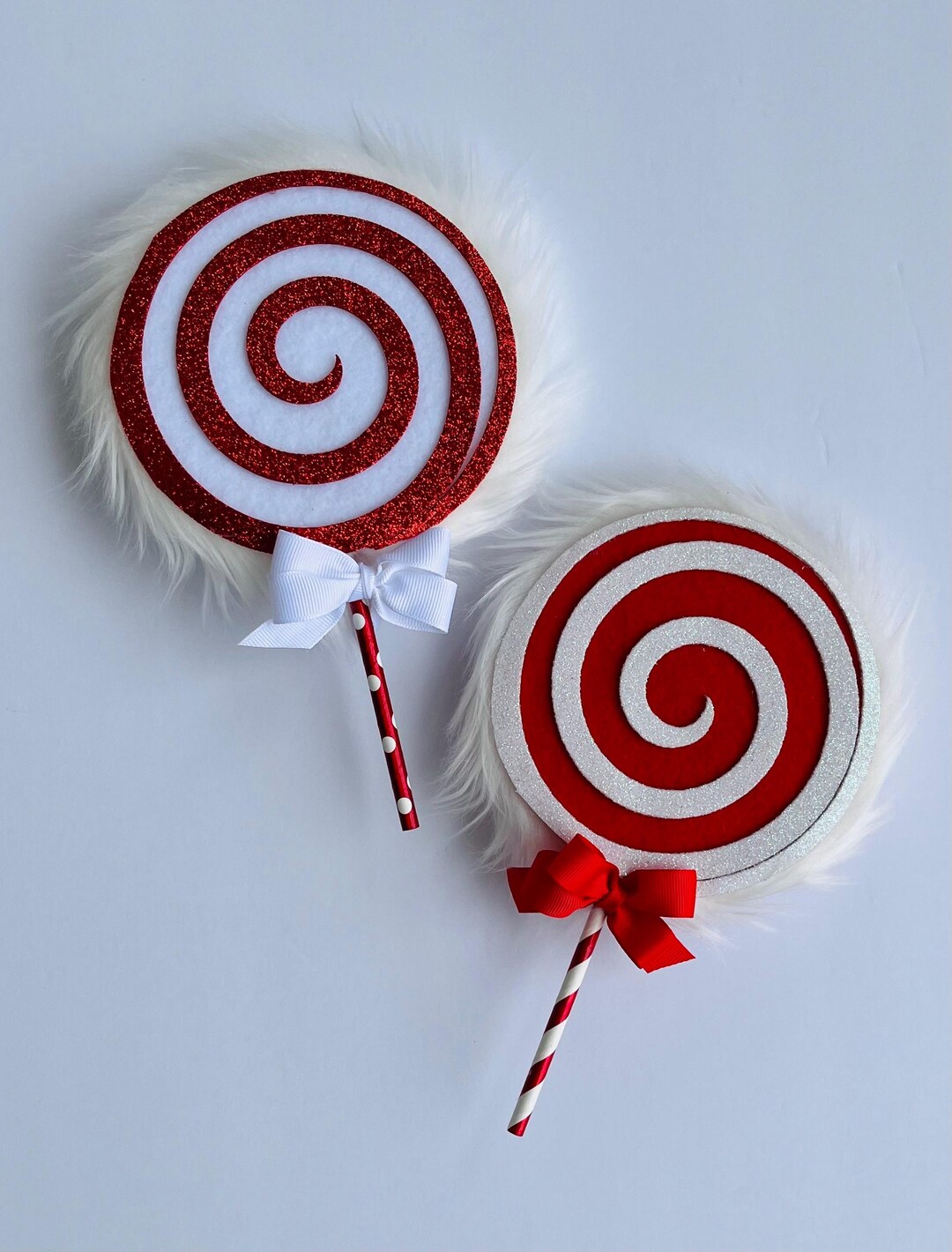 Set of Two Peppermint Lollipop Red & White Furry Wreath Attachments ...