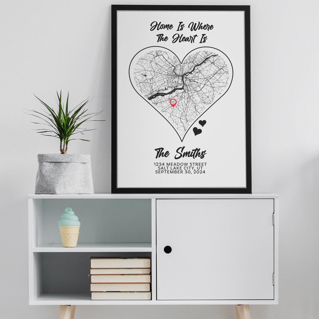 New Home Map Art Print, Personalized Heart Map Print, Custom Address ...