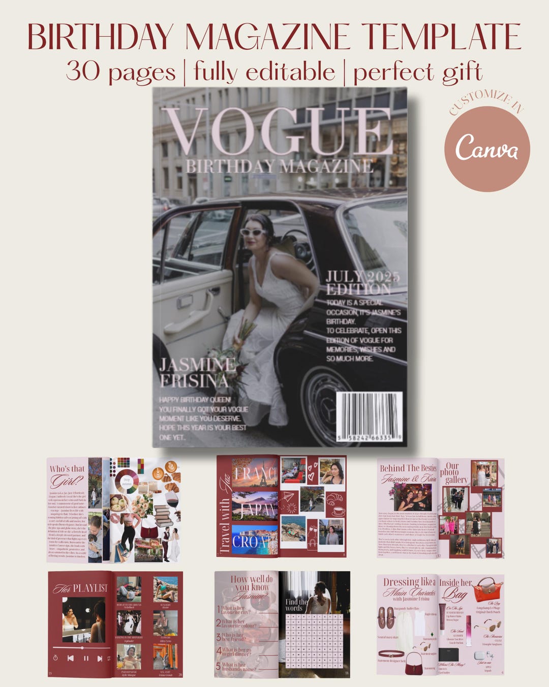 Vogue Birthday Magazine Template | Canva Editable Gift | Custom ...
