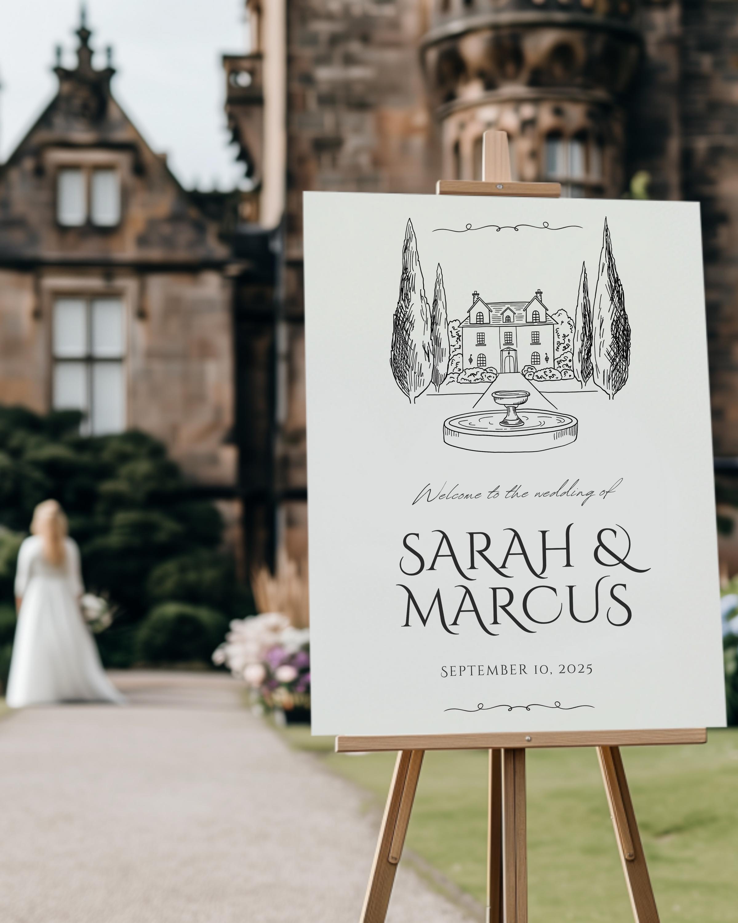Elegant Welcome Sign Template | Mansion Illustration | Editable Canva ...