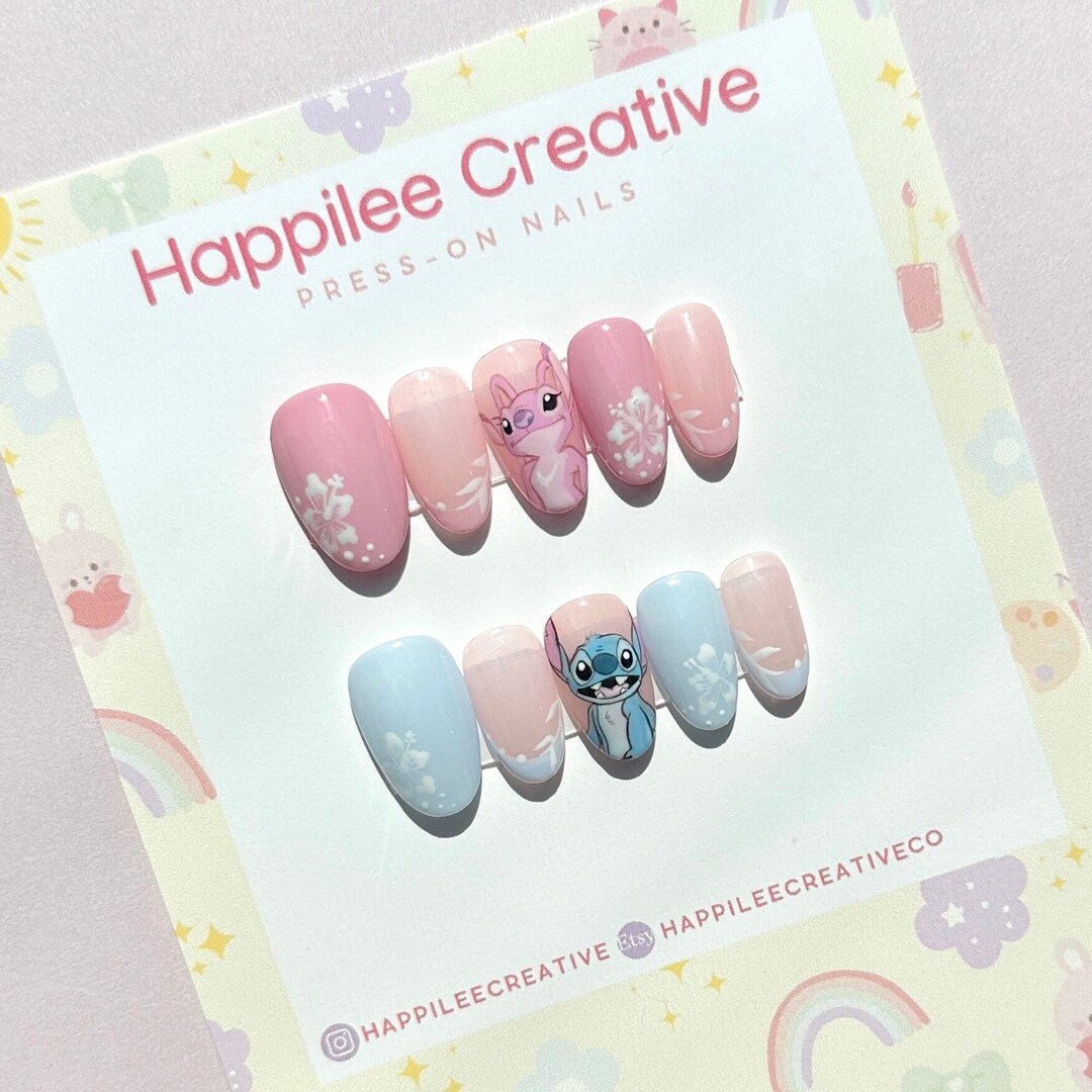 10 Pcs Reusable Lilo & Stitch Angel Inspired Press on Nails | Custom ...