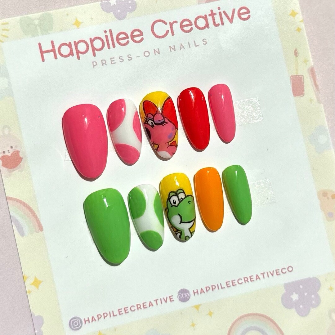 10 Pcs Reusable Yoshi Birdo Inspired Press on Nails Hand Painted Custom ...