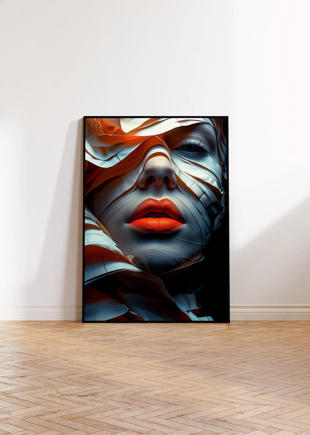 Woman's Face Wrapped in Layered Fabric With Bold Orange Lips | Instant ...
