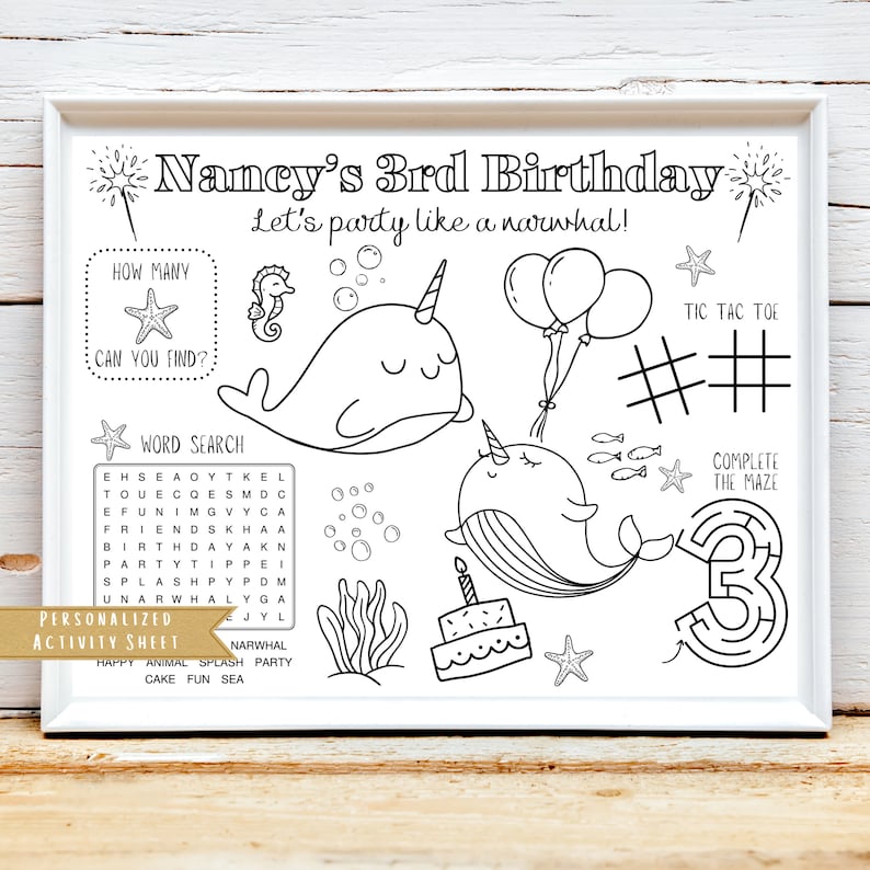 Narwhal Party Favor | Narwhal Theme Birthday Activity Sheet | Narwhal ...