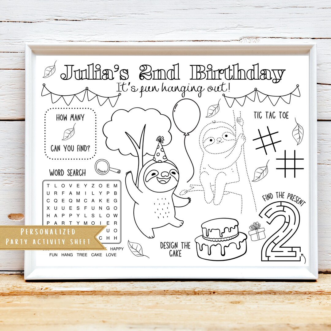 Sloth Birthday Party Activity | Sloth Party Favor Coloring Sheet | Cute ...
