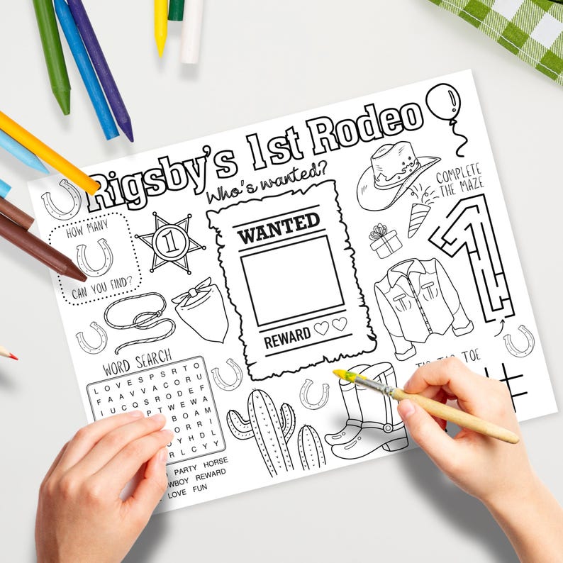 Cowboy Rodeo Party Activity Sheet: Personalized Coloring Placemat ...
