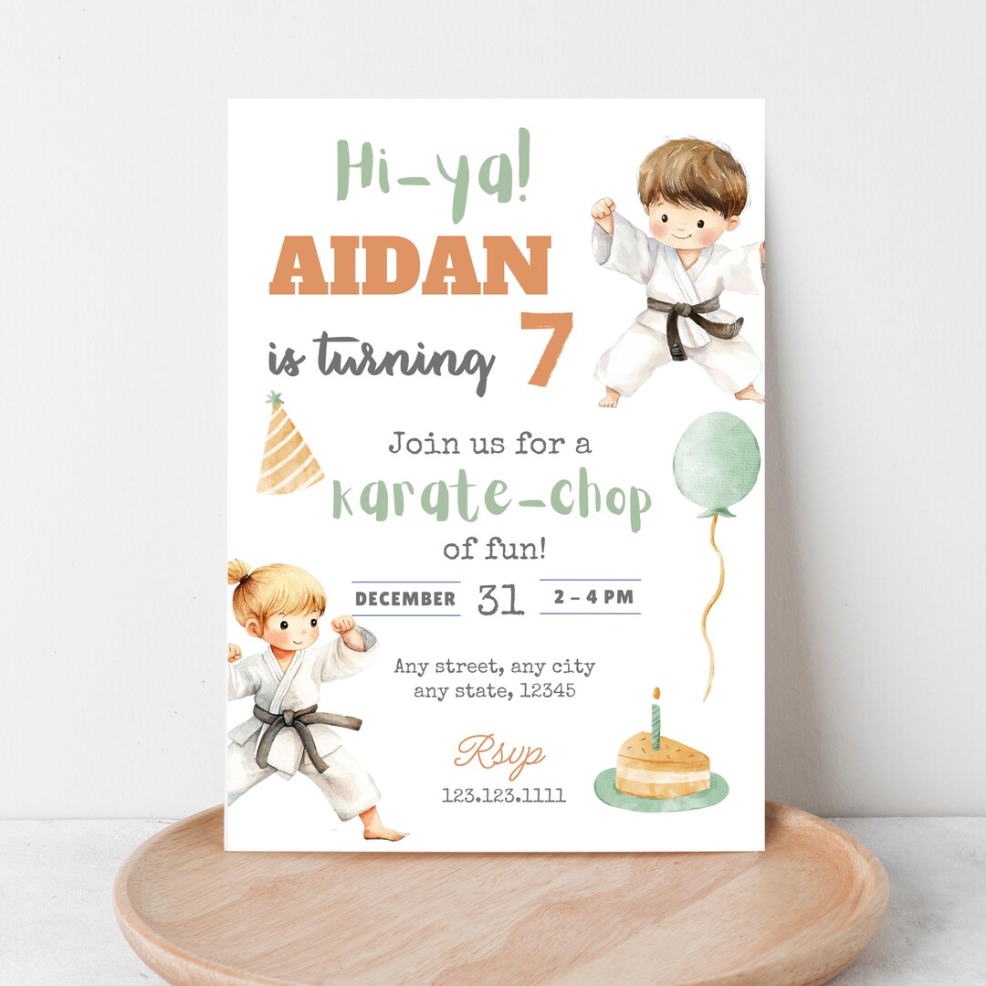 Editable Karate Party Invitation Card Template | Watercolor Karate ...