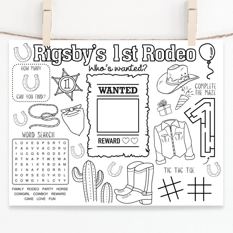 Cowboy Rodeo Party Activity Sheet: Personalized Coloring Placemat ...