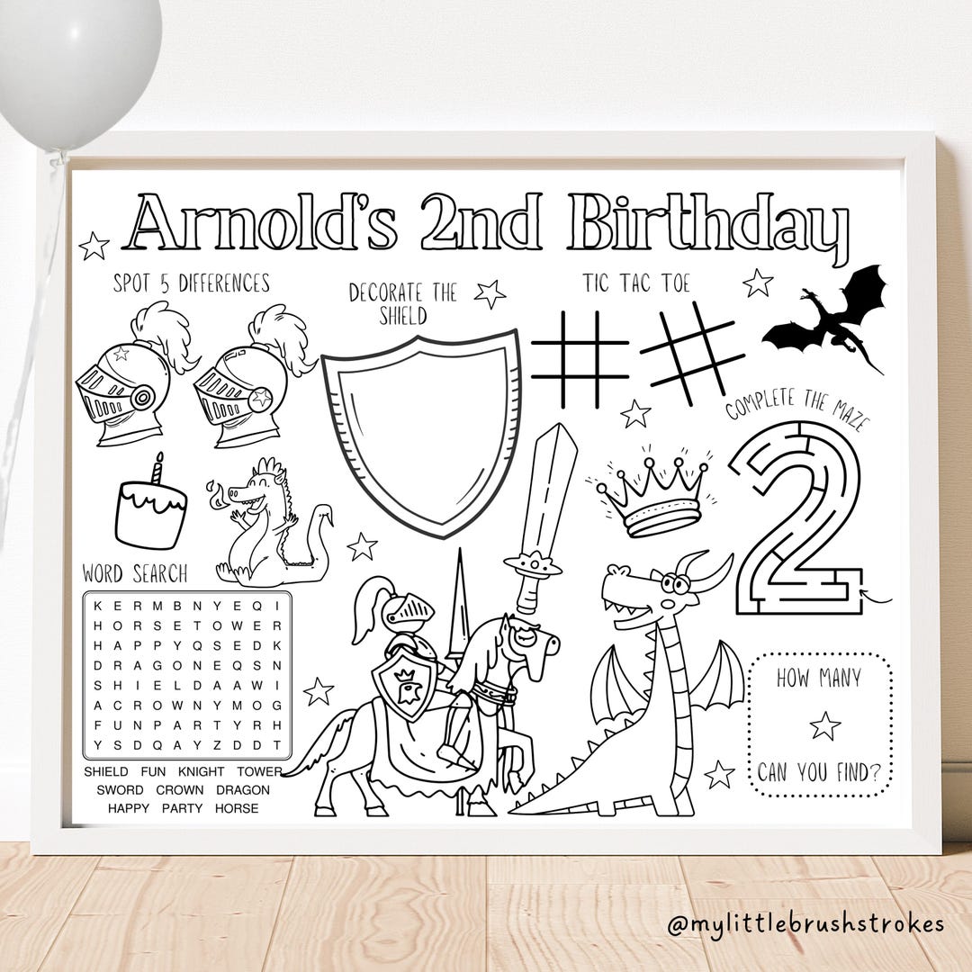 Dragon & Knight Birthday Activity Sheet: Personalized Medieval Party ...