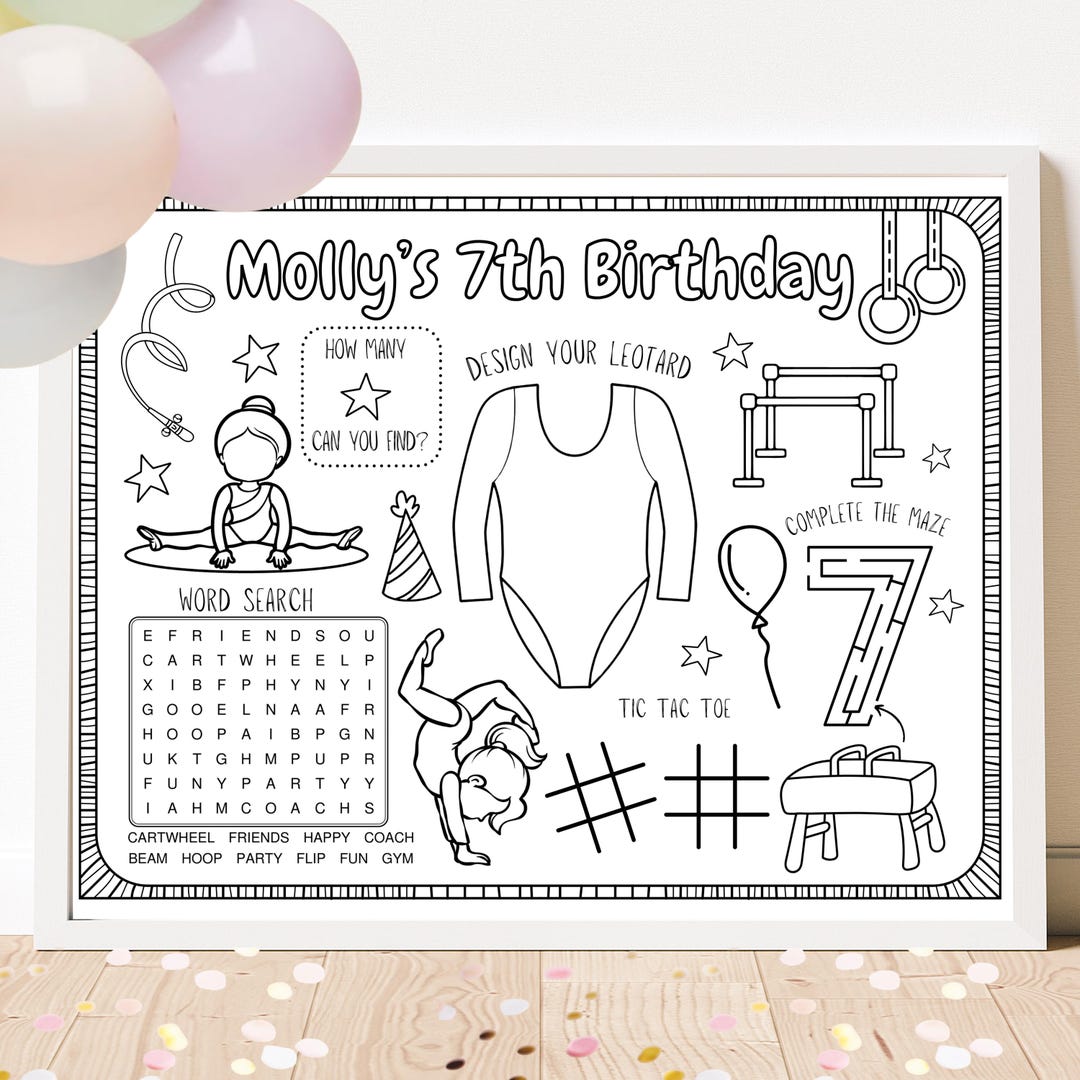 Gymnastics Birthday Party Coloring Placemat: Personalized Activity ...