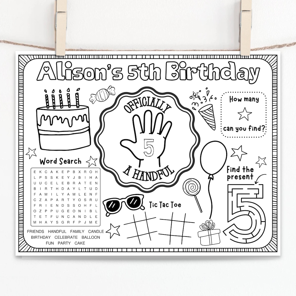 Customizable Officially a Handful 5th Birthday Activity Sheet: High ...