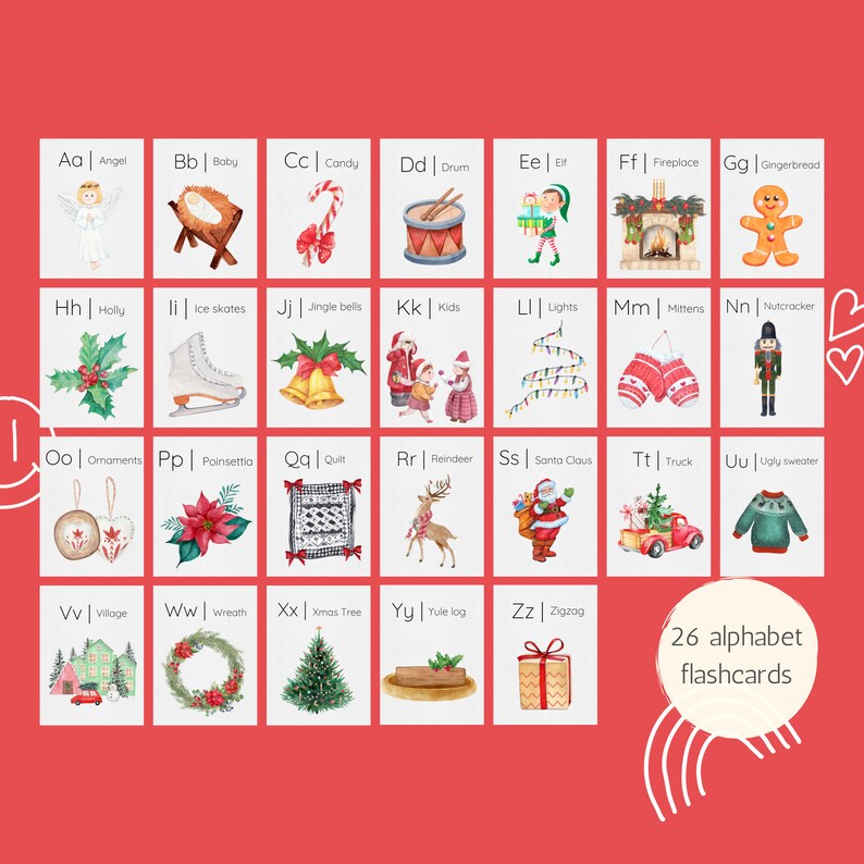 Christmas Alphabet Flashcards: Watercolor Montessori Learning (instant ...