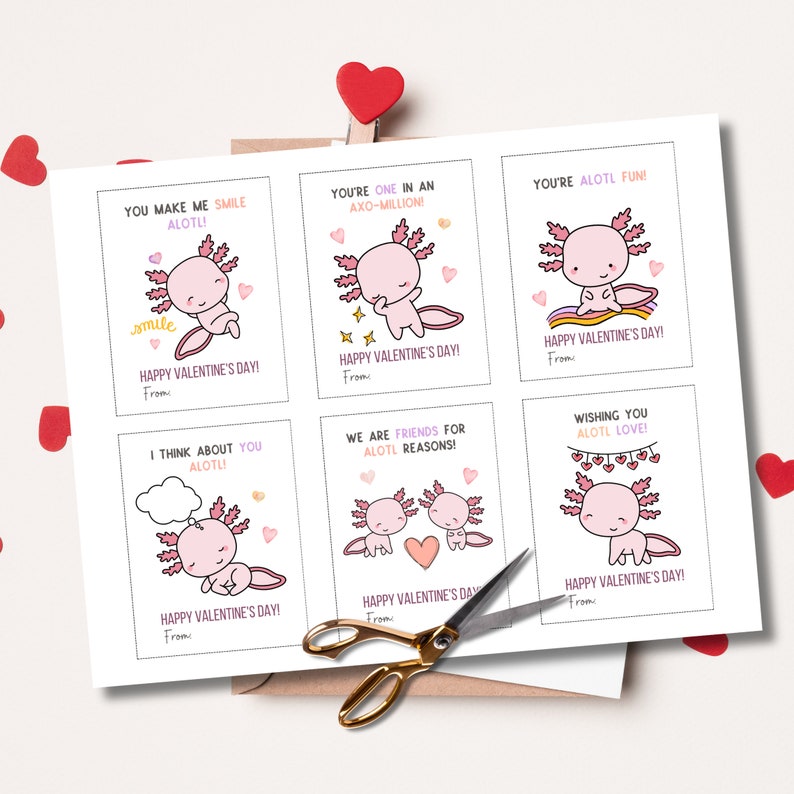 Axolotl Valentine Cards: Kids School Valentines (digital Download) - Etsy