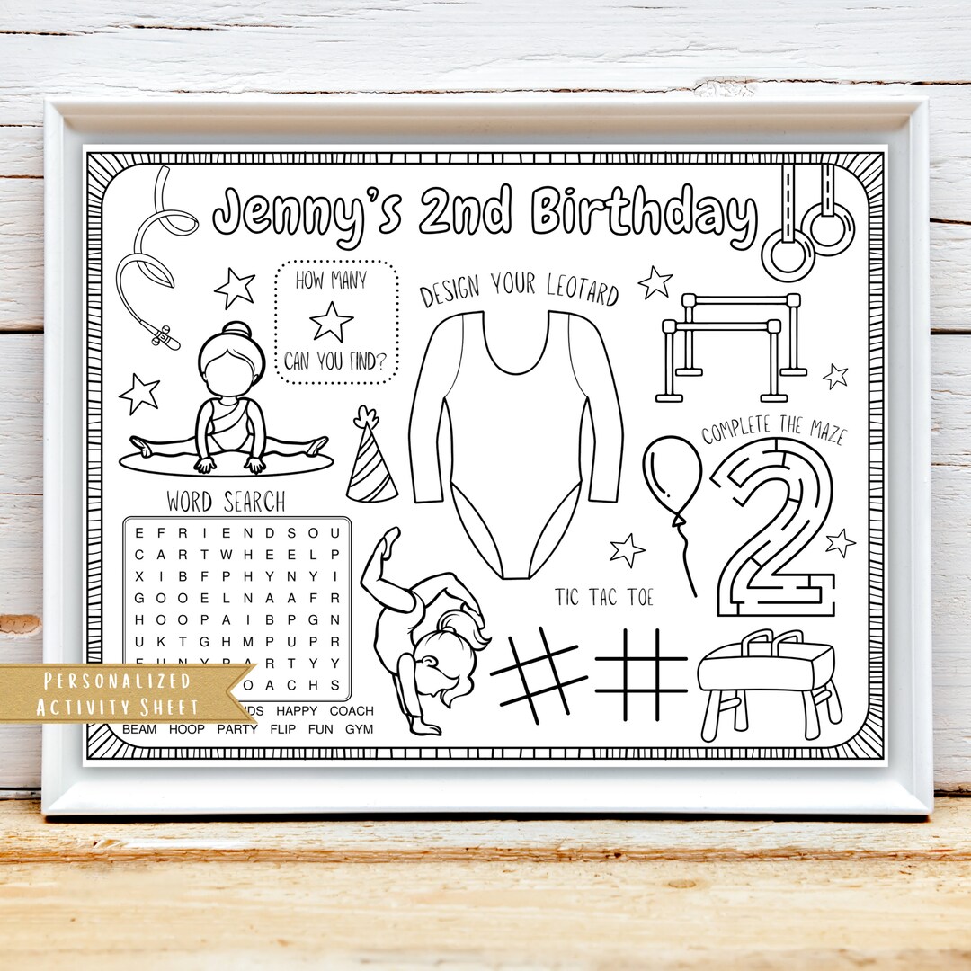 Gymnastics Birthday Party Activity Coloring Placemat Gymnastics Party ...