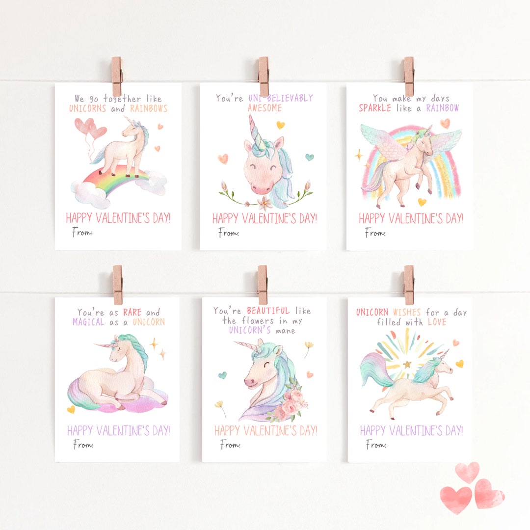 Unicorn Valentine's Day Cards: Rainbow Theme, Printable (instant ...