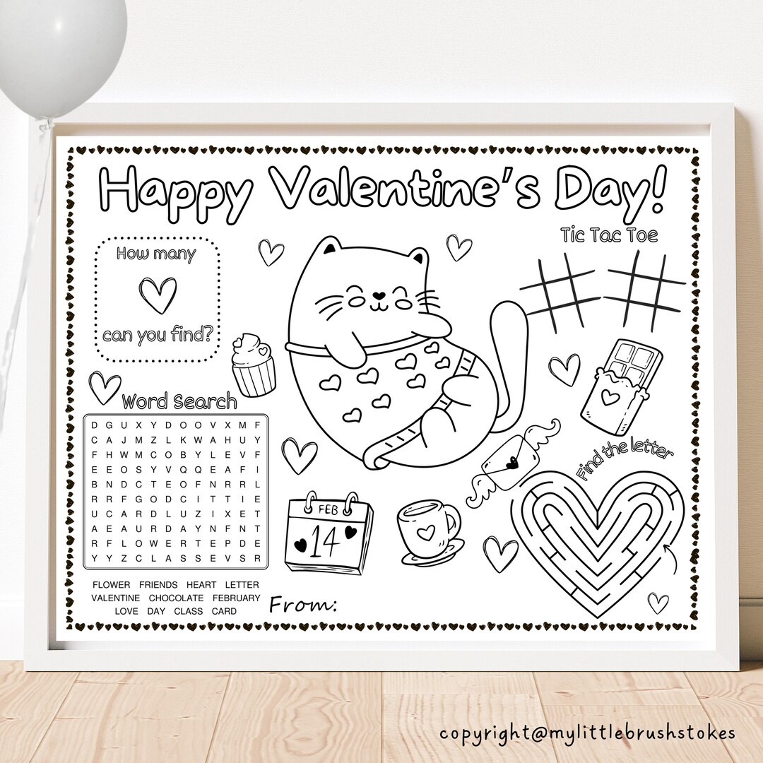 Cat Themed Valentine Classroom Activity | Cat Valentine's Day Coloring ...