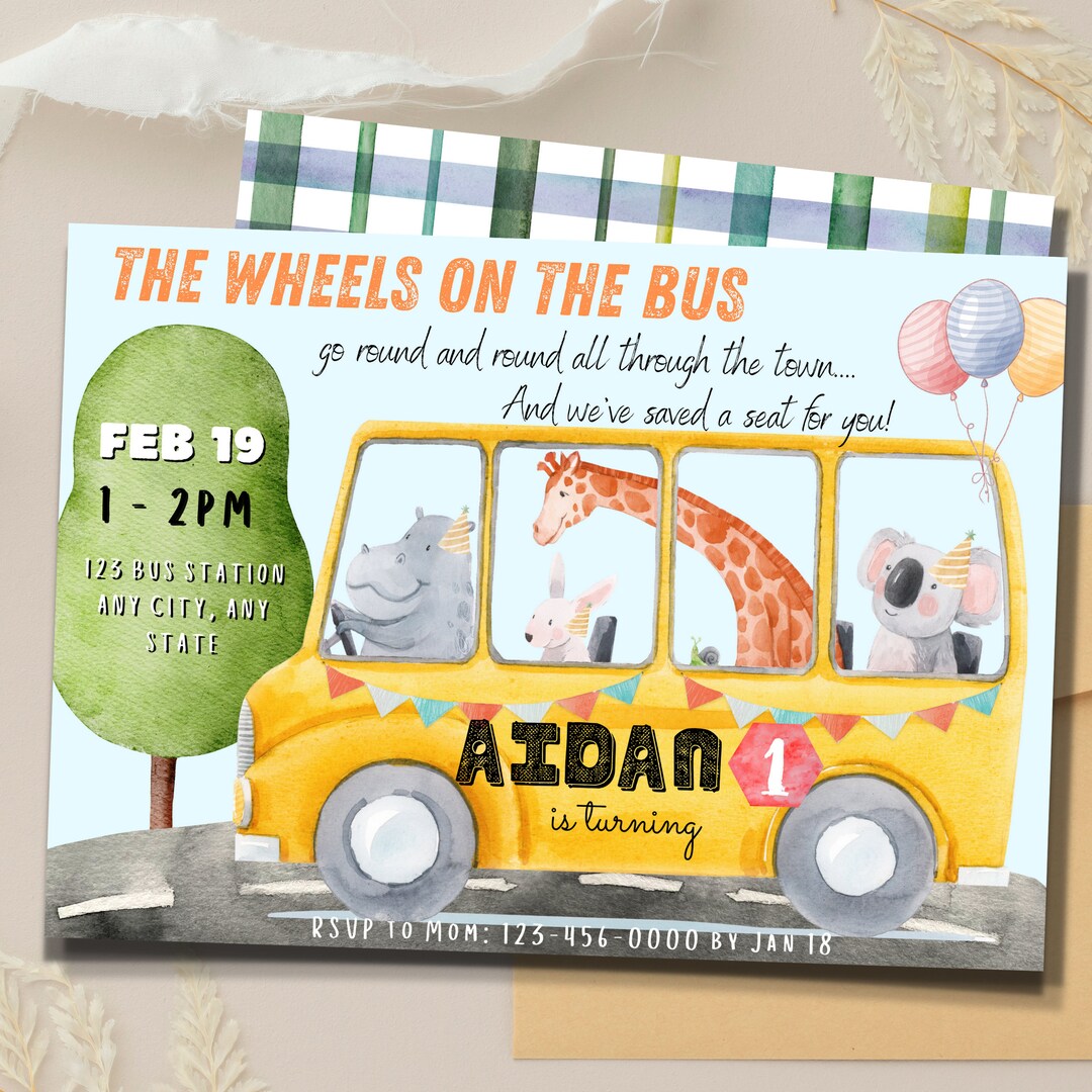 Wheels on the Bus Birthday Party Invitation Card Bus Theme Party Invite ...